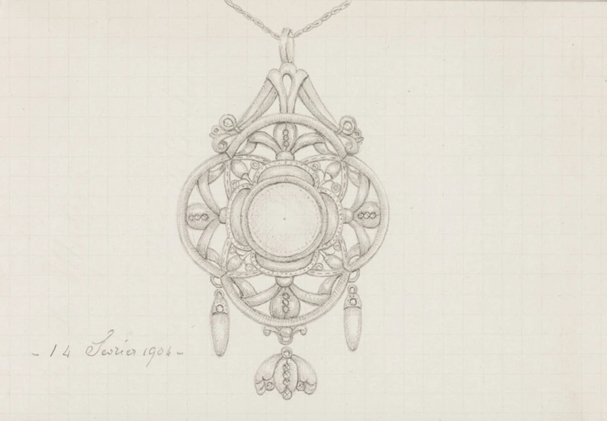 Pendentif quadrilobe à cercle central, à motif végétal et floral ...