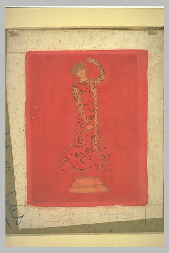 Portrait-charge de Lucie Delarue-Mardrus, debout, sur un socle ...