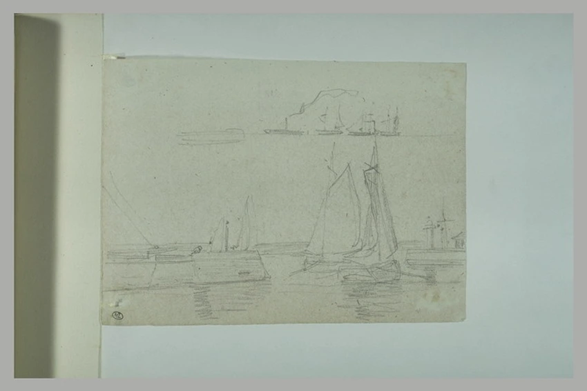 Voiliers dans un chenal entre deux jetées et profil de navires au ...