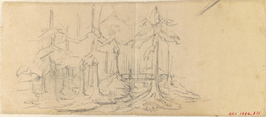 Sujet des Vosges : deux bûcherons sciant un sapin (recto) ; forêt avec ...