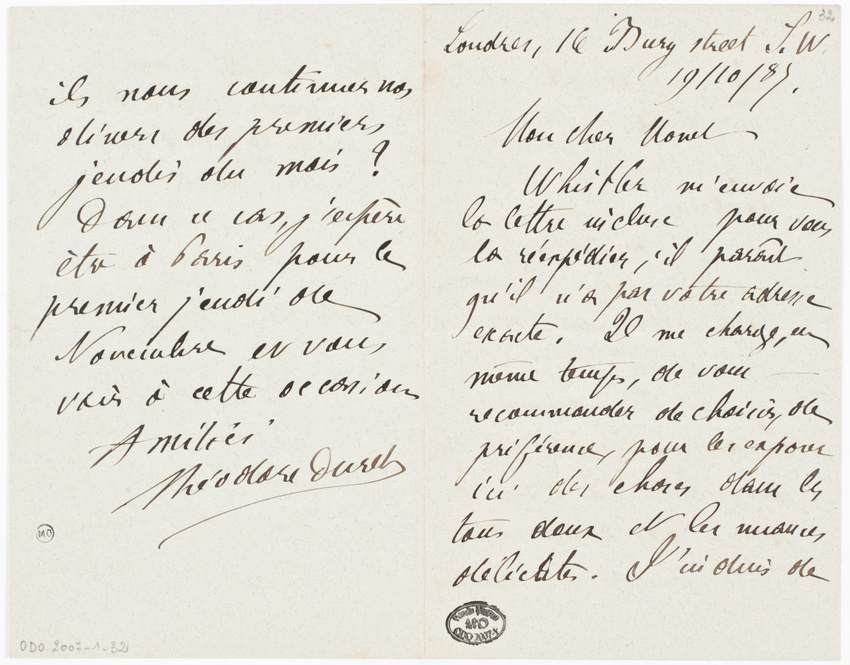 Lettre autographe signée de Théodore Duret à Claude Monet - Théodore ...