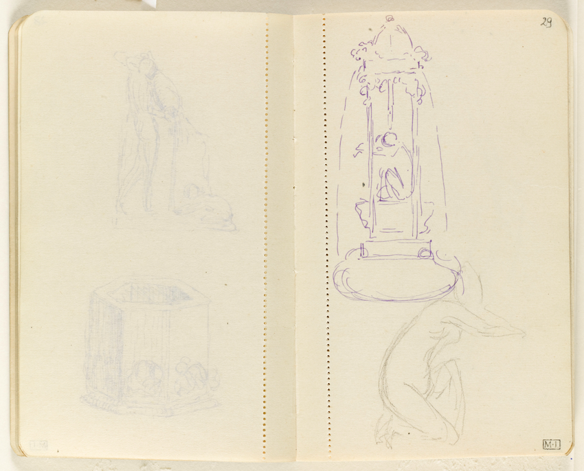 En haut, projet pour une fontaine avec figure accroupie entre les ...