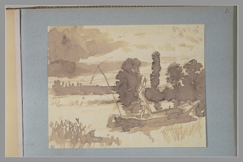 Figure guidant une barque plate dans un marais - Ernest Meissonier ...