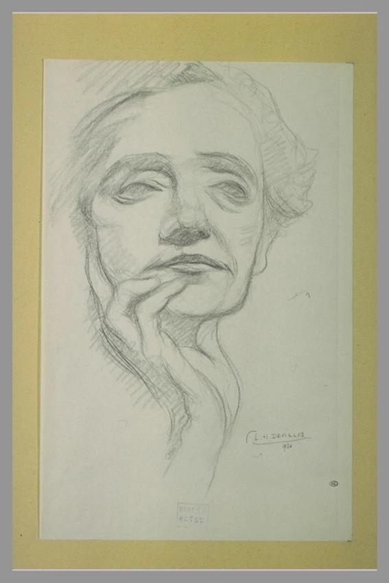Tête de femme, et main droite appuyée au menton - Louis Henry Devillez ...