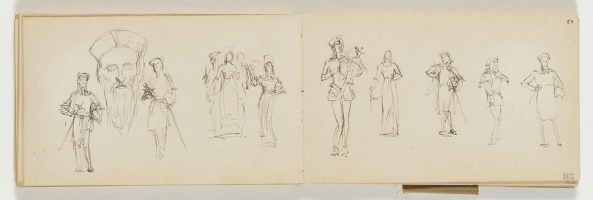 Divers personnages en costume médiéval et tête d'homme barbu les yeux ...