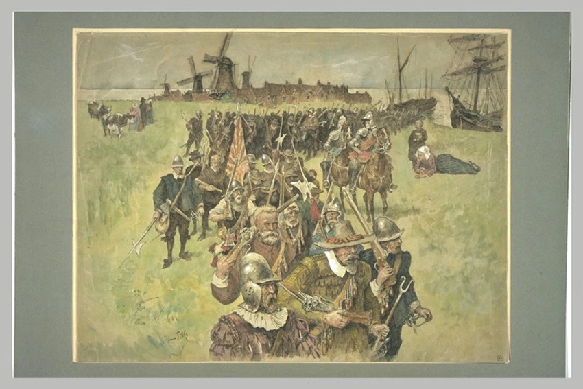 Personnages en costume militaire du XVIIe siècle ; débarquement en ...