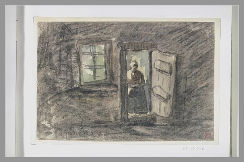 L'intérieur d'une chaumière avec une femme dans l'embrasure de la porte ...