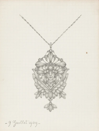 Pendentif à tête de personnage de face, motif végétal et palmettes ...