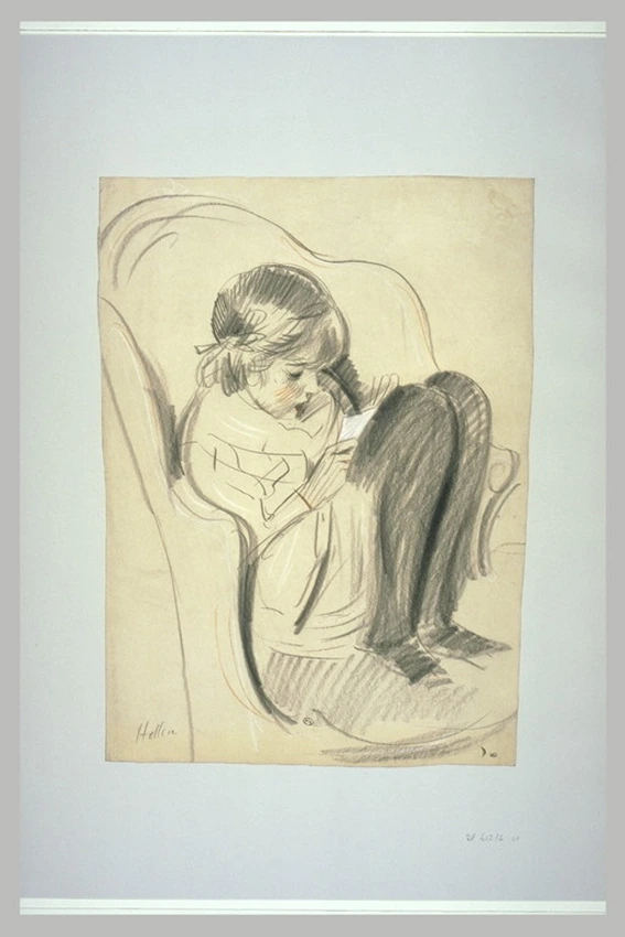 Paulette enfant, assise dans un fauteuil, recroquevillée - Paul Helleu ...