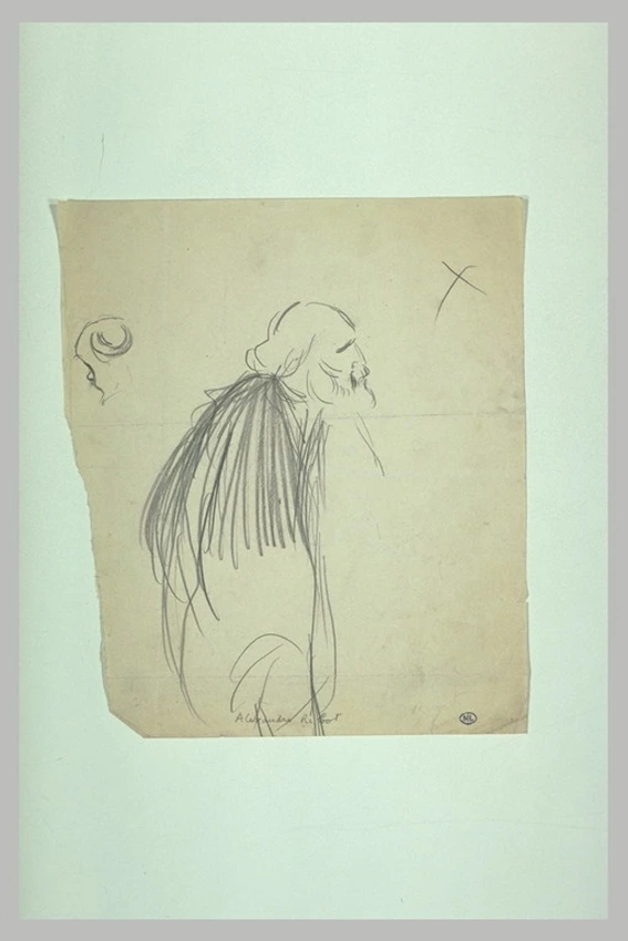 Croquis inachevé de Alexandre Ribot, à mi-corps, de trois quarts droit ...