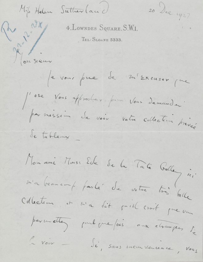 Correspondance manuscrite : Helen Sutherland à Paul Guillaume - Helen ...