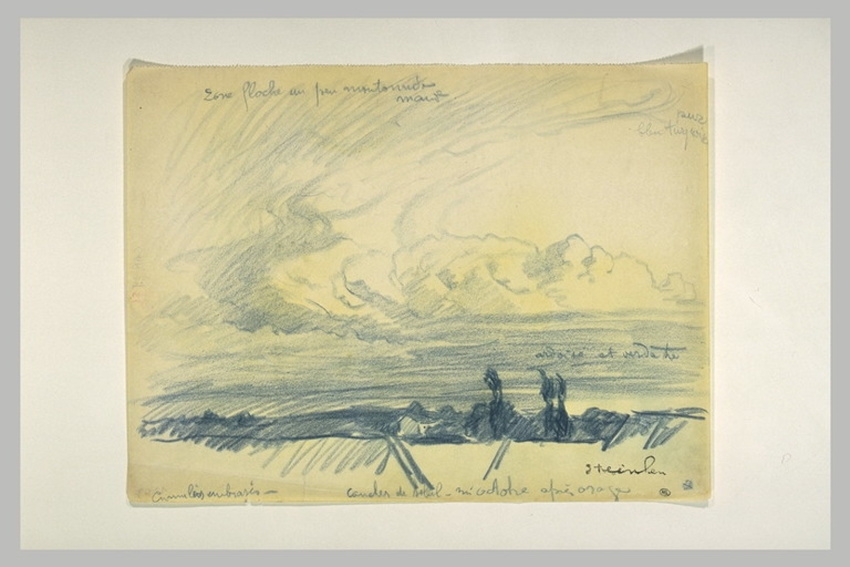 Paysage : maisons et arbres bordant un champ, et vaste ciel avec des nuages - Théophile ...