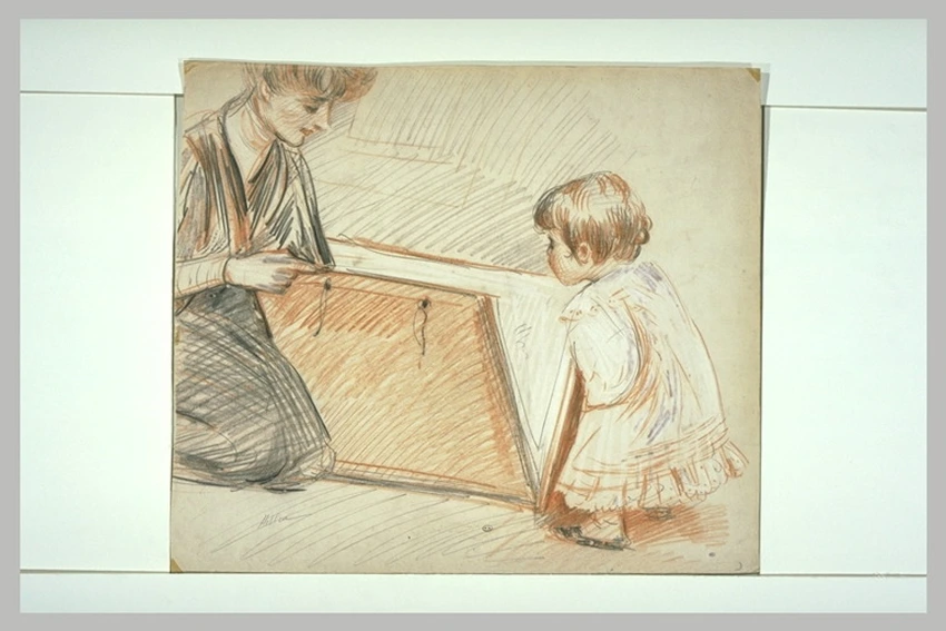 Madame Helleu, à genoux, regardant un carton à dessin avec Paulette ...