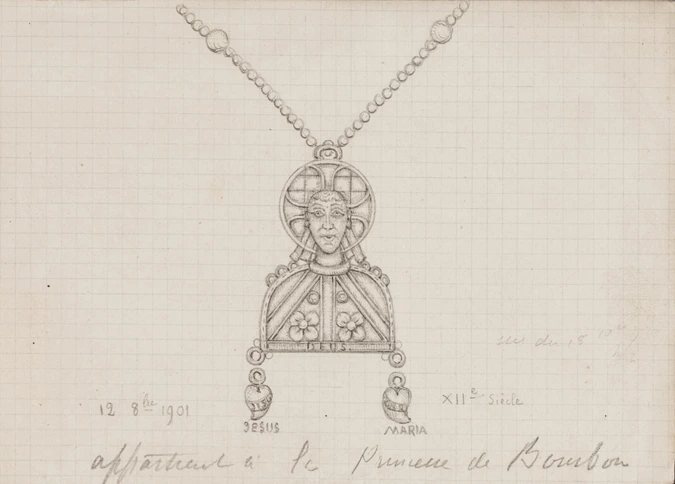Pendentif à tête de saint, motif végétal et géométrique, chaîne, coeurs ...