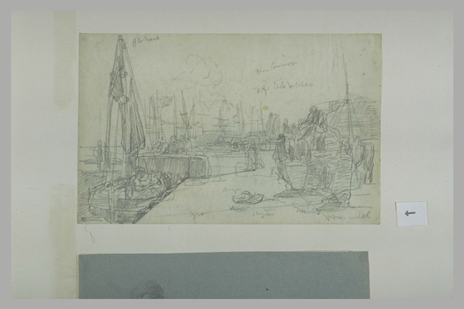 Un quai avec des navires et de nombreuses figures - Eugène Boudin ...