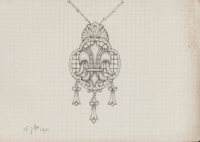 Pendentif quadrilobe à fleur de lys, trois pendeloques en forme d ...