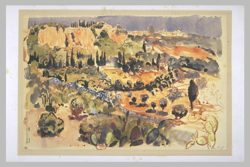 Paysage accidenté, planté de cyprès, aux environs de Fiesole en Toscane ...