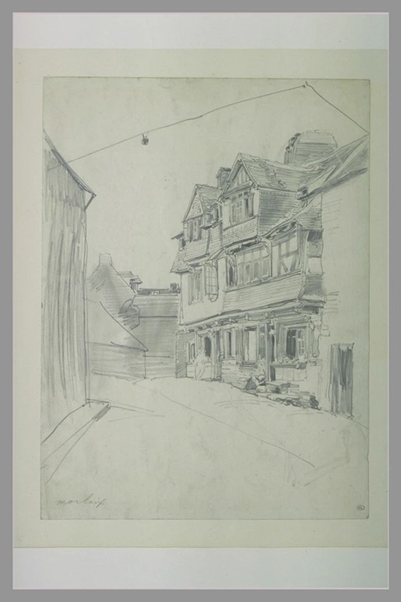 Rue à Morlaix, avec une femme assise devant une maison - Johan Barthold ... Rue à Morlaix, avec une femme assise devant une maison - Johan Barthold ...