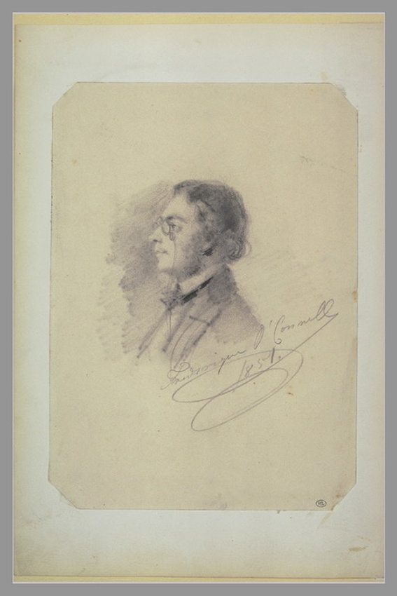 Portrait d'un homme, de profil en buste, un lorgnon sur le nez ...
