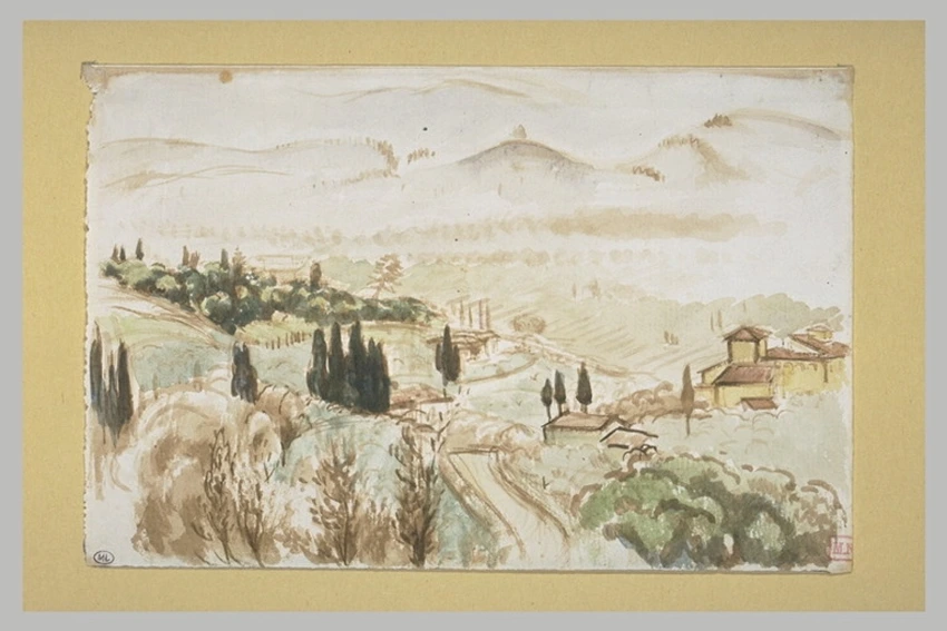 Au premier plan d'un paysage valloné, planté de cyprès, une route ...