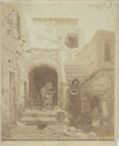 Peinture d'Edmond Lebel (1834-1908) représentant une rue avec deux ...