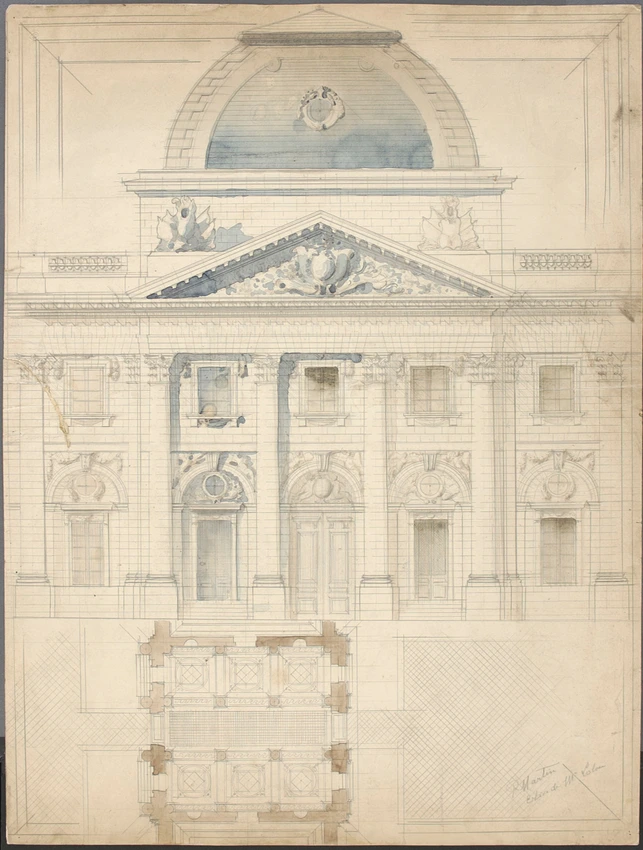 Partie centrale d'un palais avec un fronton triangulaire surmonté d'un ...