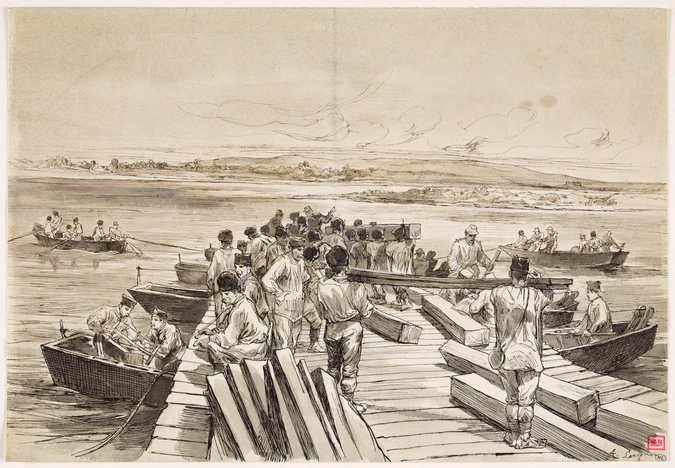 Pontonniers construisant un pont de bateaux sur une rivière - Auguste ...