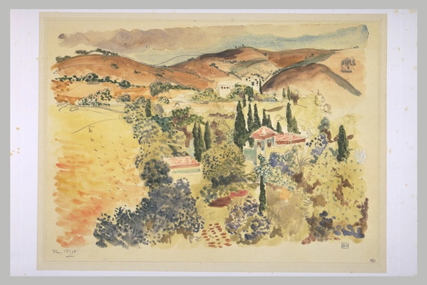 Paysage du midi, à l'horizon des collines, maisons aux toits de tuiles ...