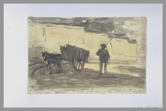 Homme près d'une charrette attelée, devant un mur - Amand Gautier ...