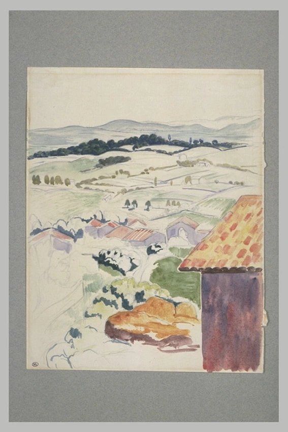 Paysage provençal avec des collines à l'horizon, maisons couvertes de ...