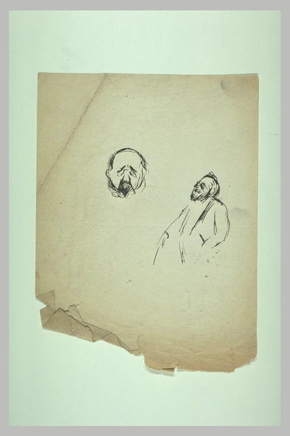 Tête d'homme, de face, barbu avec un lorgnon et buste du même homme ...