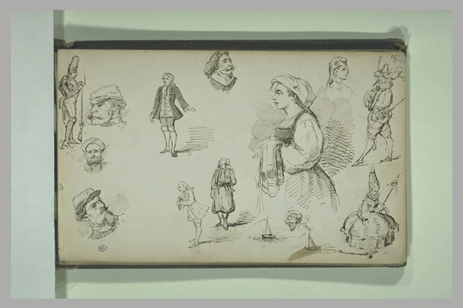Etudes de personnages en costumes divers, et deux petites barques ...