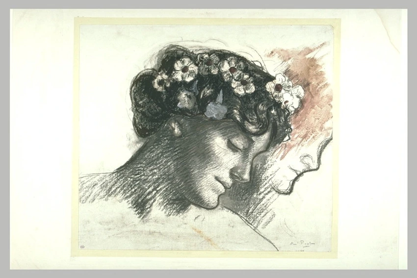 Buste de Marie Piot, tête inclinée vers la gauche de profil, les ...