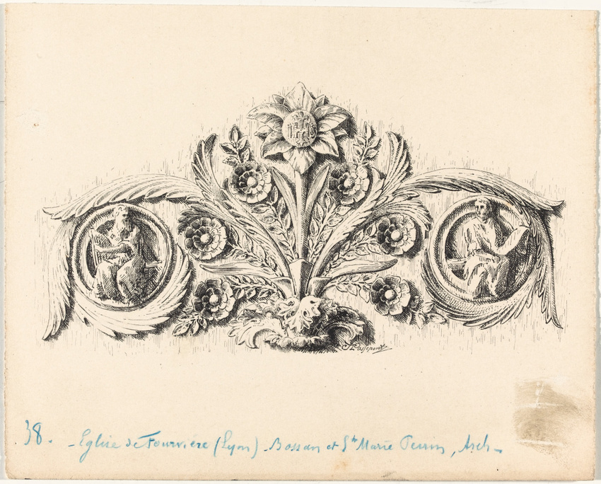 Motif décoratif en relief à décor de palmette flanquée de deux volutes ...