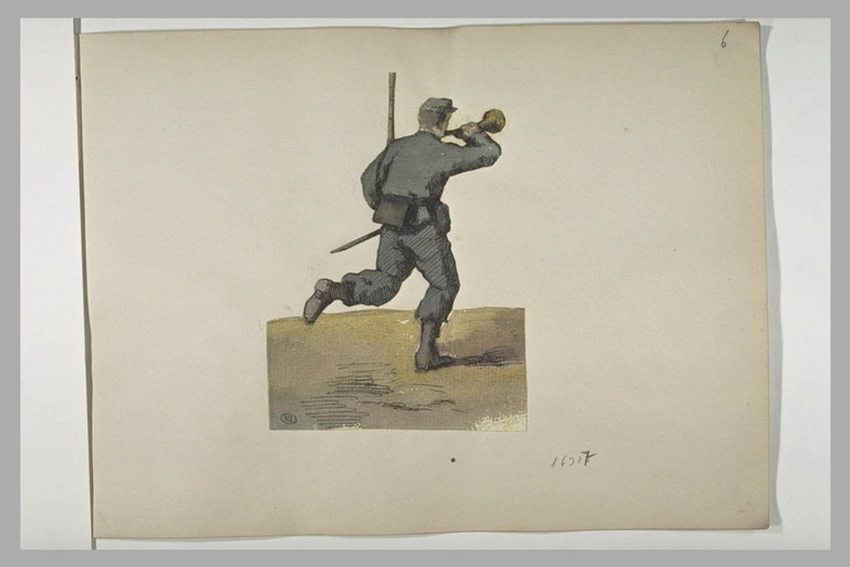 Chasseur à pied sonnant du clairon et courant, vu de dos - Charles ...