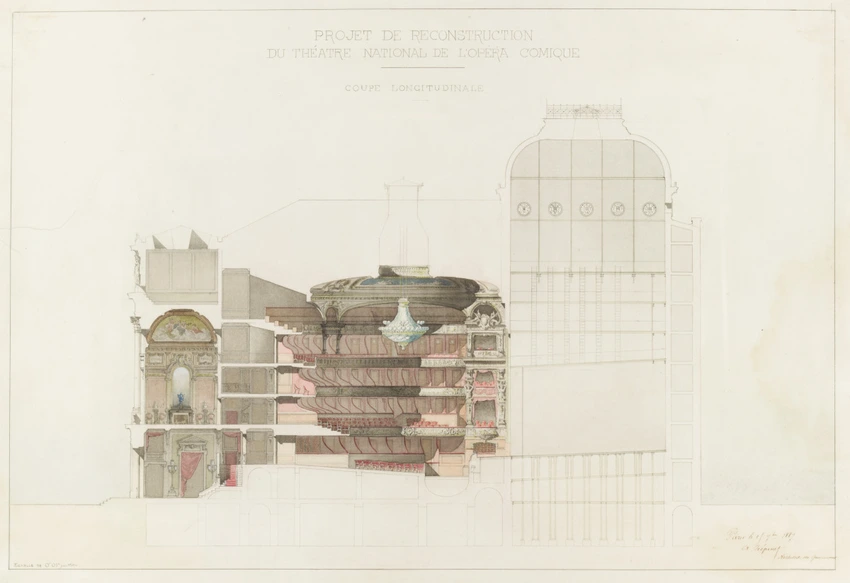 Projet de reconstruction de l'Opéra Comique, coupe longitudinale ...