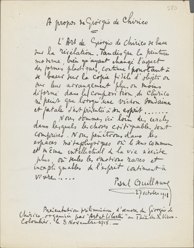 A propos de Giorgio de Chirico - Paul Guillaume | Musée de l'Orangerie