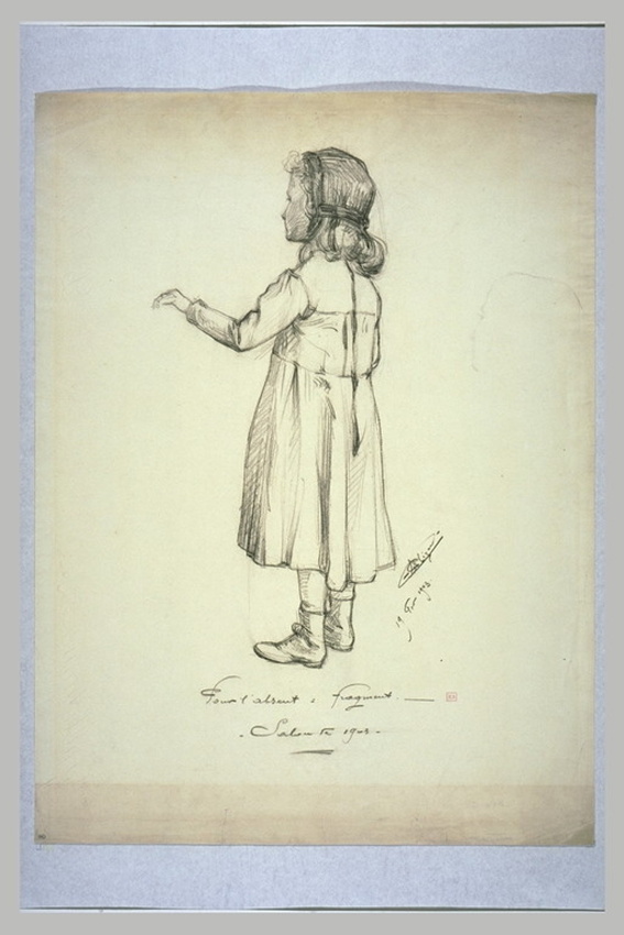 Filette debout, de trois quarts, de dos, et croquis d'une tête, de ...