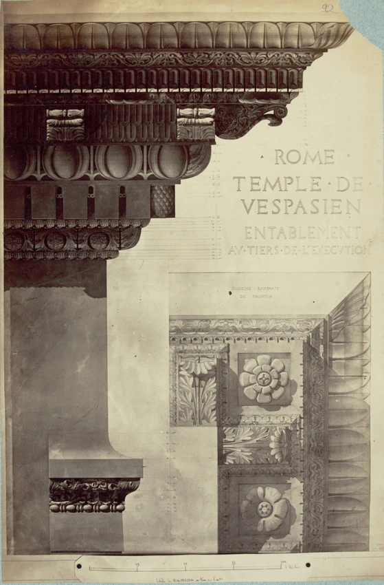 Photographie de dessin : Rome, temple de Vespasien, l'entablement et le ...