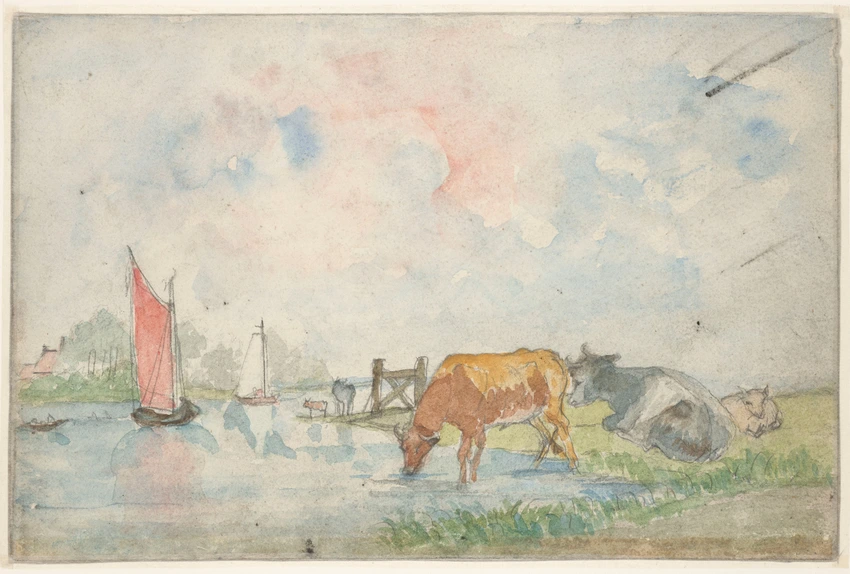 Vaches s'abreuvant, ou couchées, au bord d'une rivière - Blanche Derousse | Musée d'Orsay