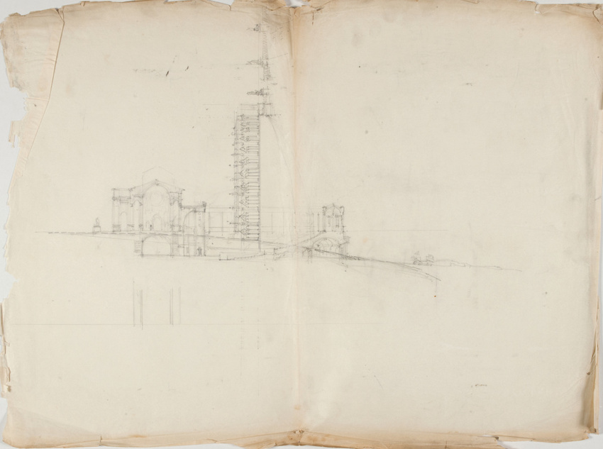 Deux études : Coupe transversale d'un édifice religieux avec bâtiment ...