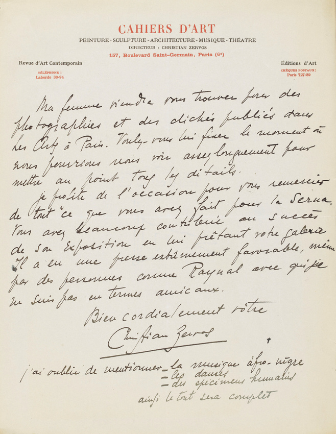 Correspondance manuscrite : Christian Zervos à Paul Guillaume ...