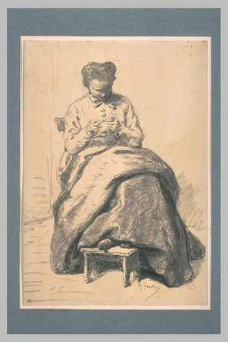 Femme, assise, de face, la tête penchée en avant, cousant - Amand ...