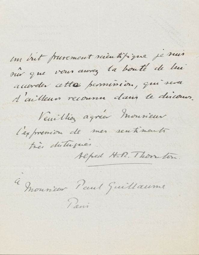 Correspondance manuscrite : Alfred H[enri] R[obinson] Thornton à Paul ...