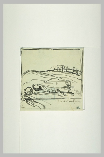 Paysage : tombe dans un champ avec deux casques et une croix - Théophile Alexandre Steinlen ...