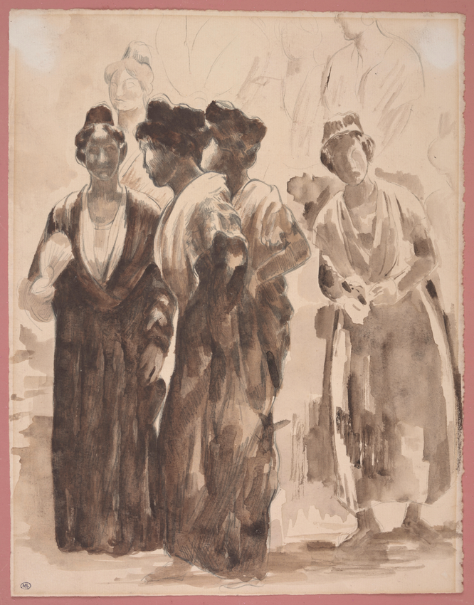 Arlésiennes en costume se dirigeant vers la gauche ; en haut, croquis ...