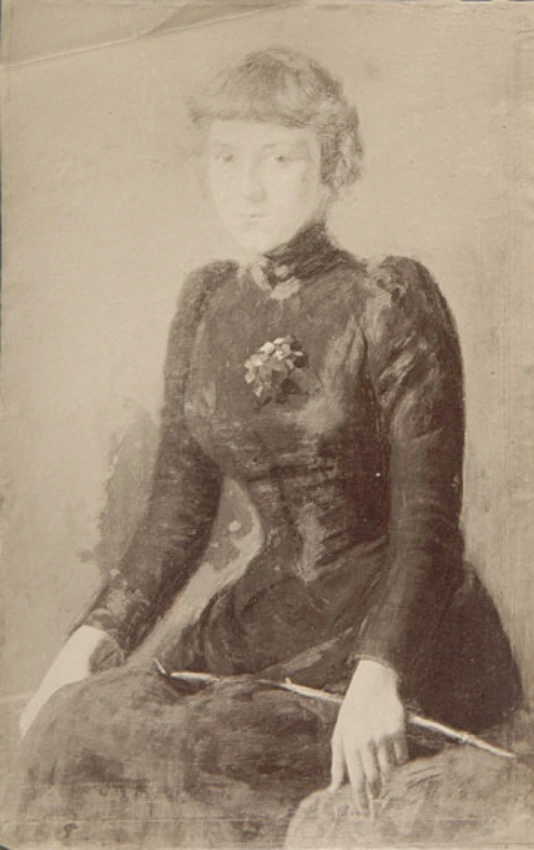 Photographie d'une peinture de Carlo Bugatti : portrait d'une jeune fille en noir, un bouquet de ...